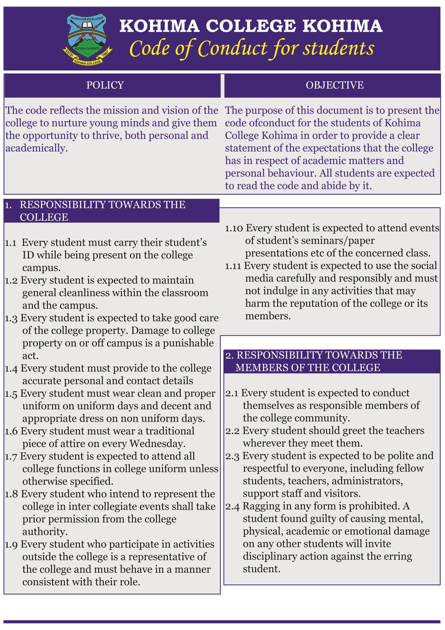 Code of Conduct for Students - Kohima College