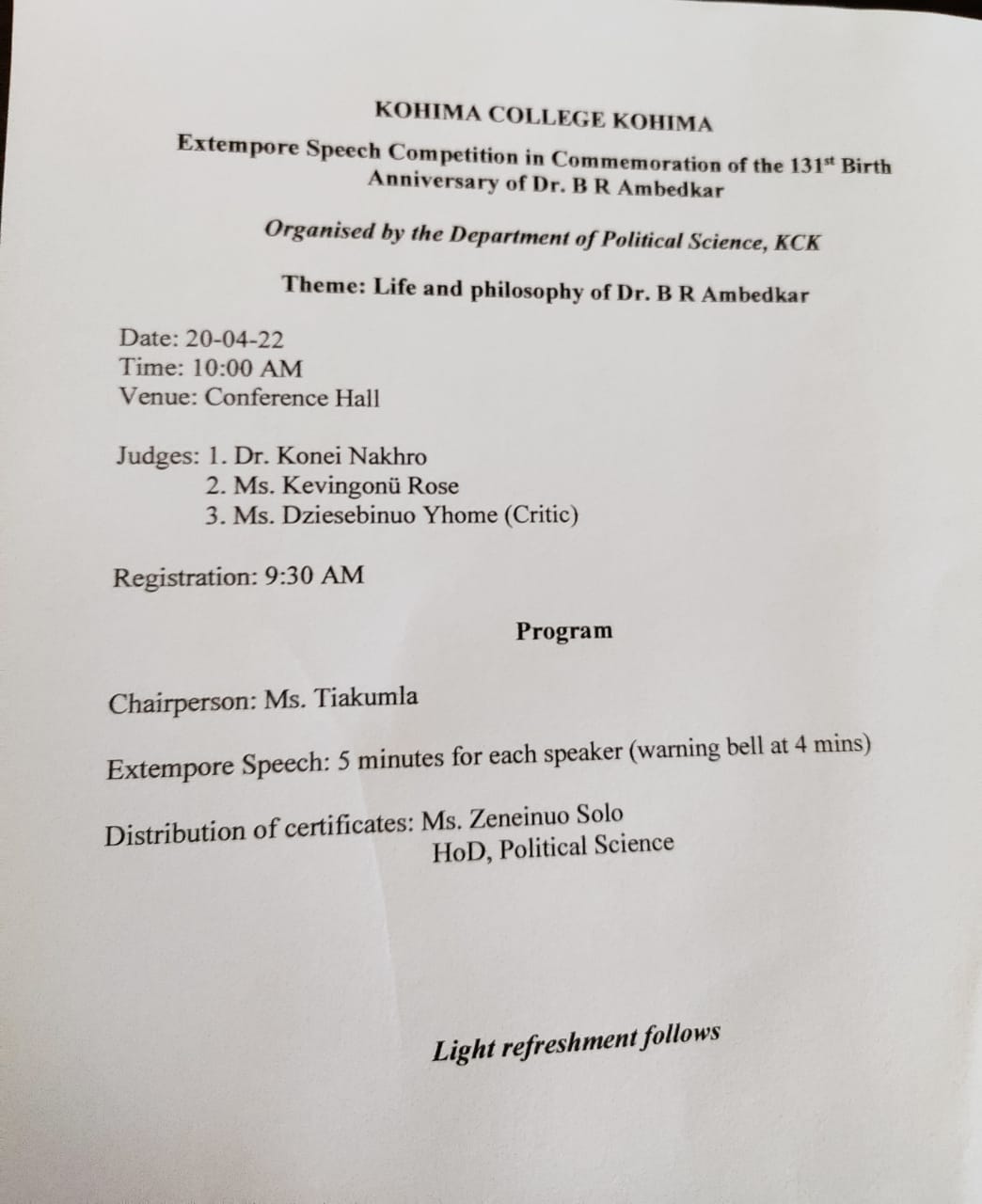 Extempore Speech Competition Pol. Sc Dept - Kohima College