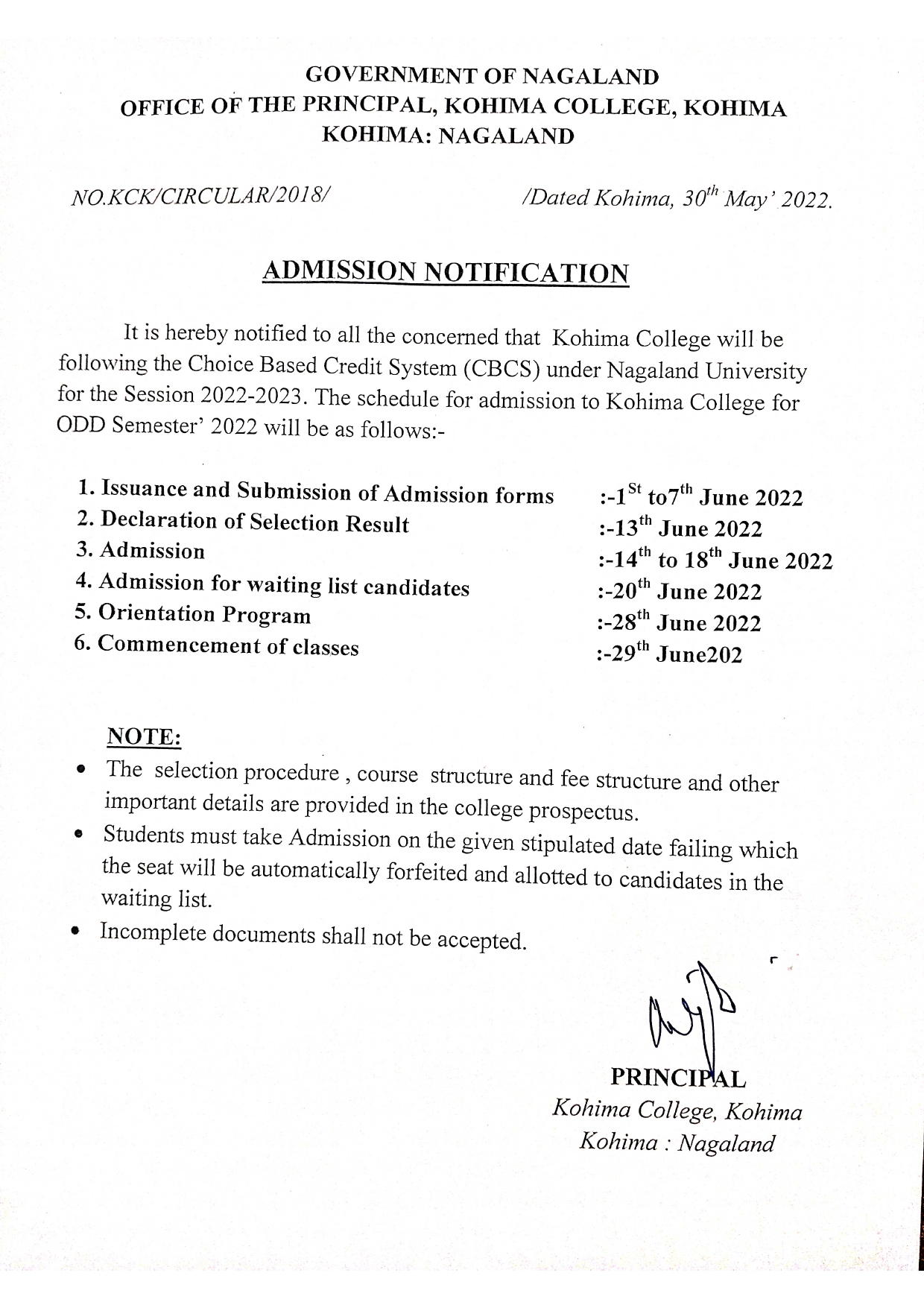 Admission Notification - Kohima College