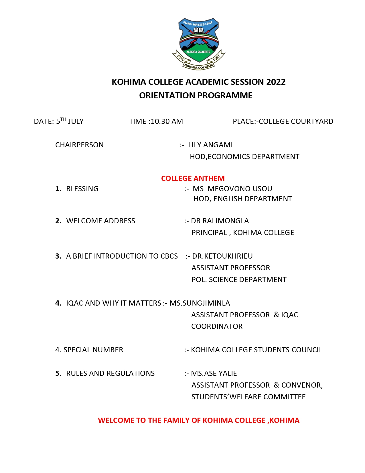 ORIENTATION PROGRAMME - Kohima College