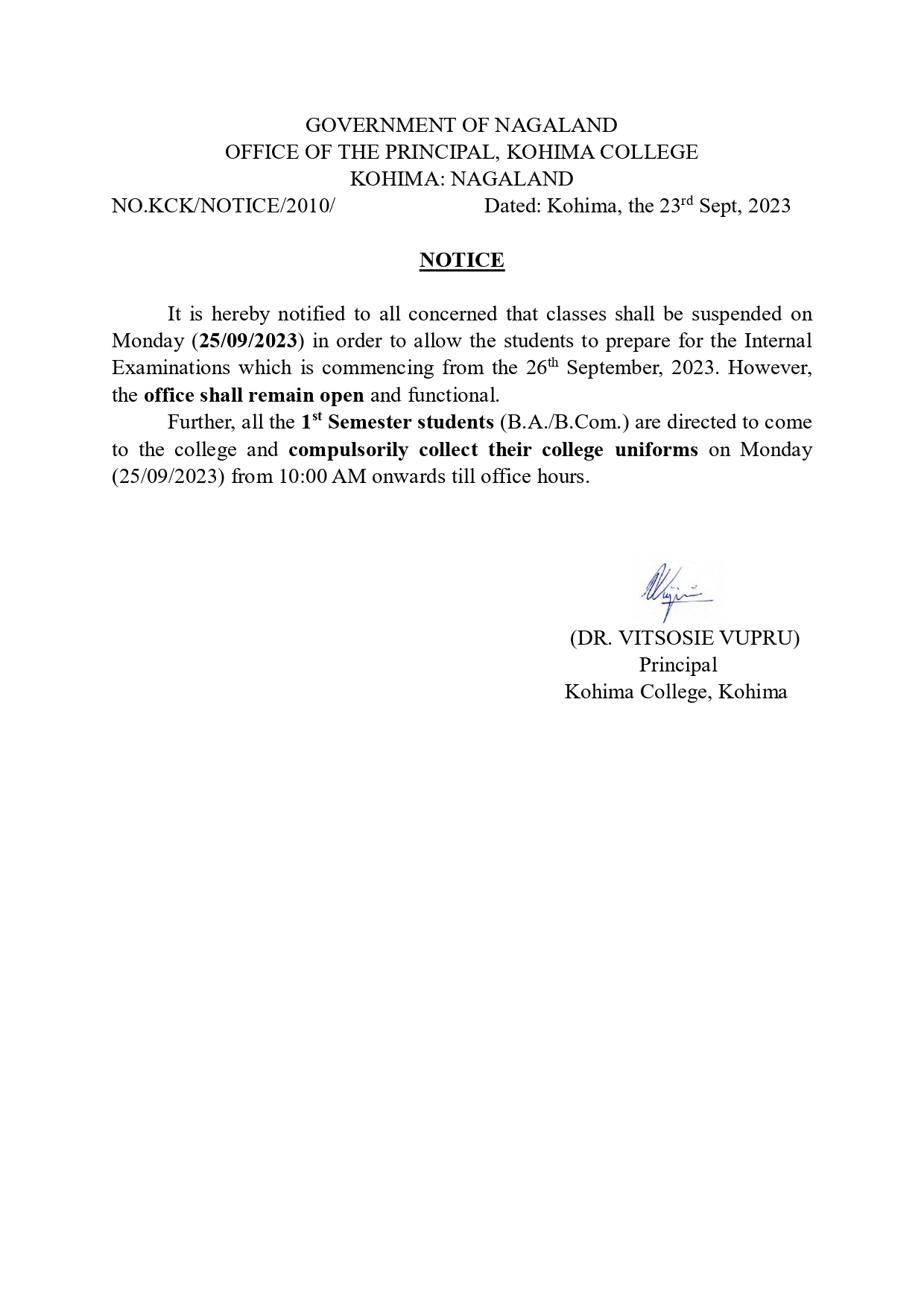 NOTICE - Kohima College