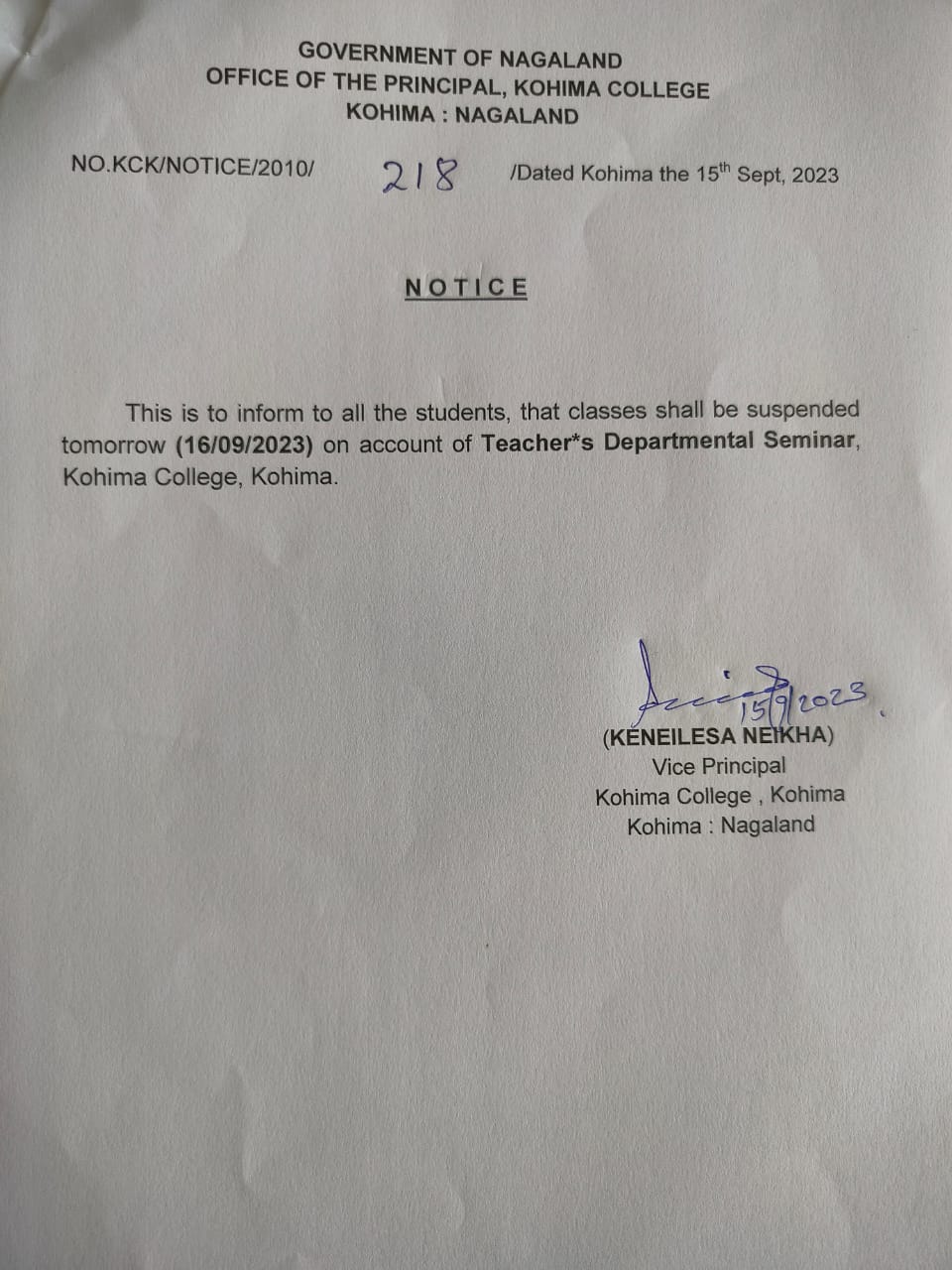 Notice - Kohima College