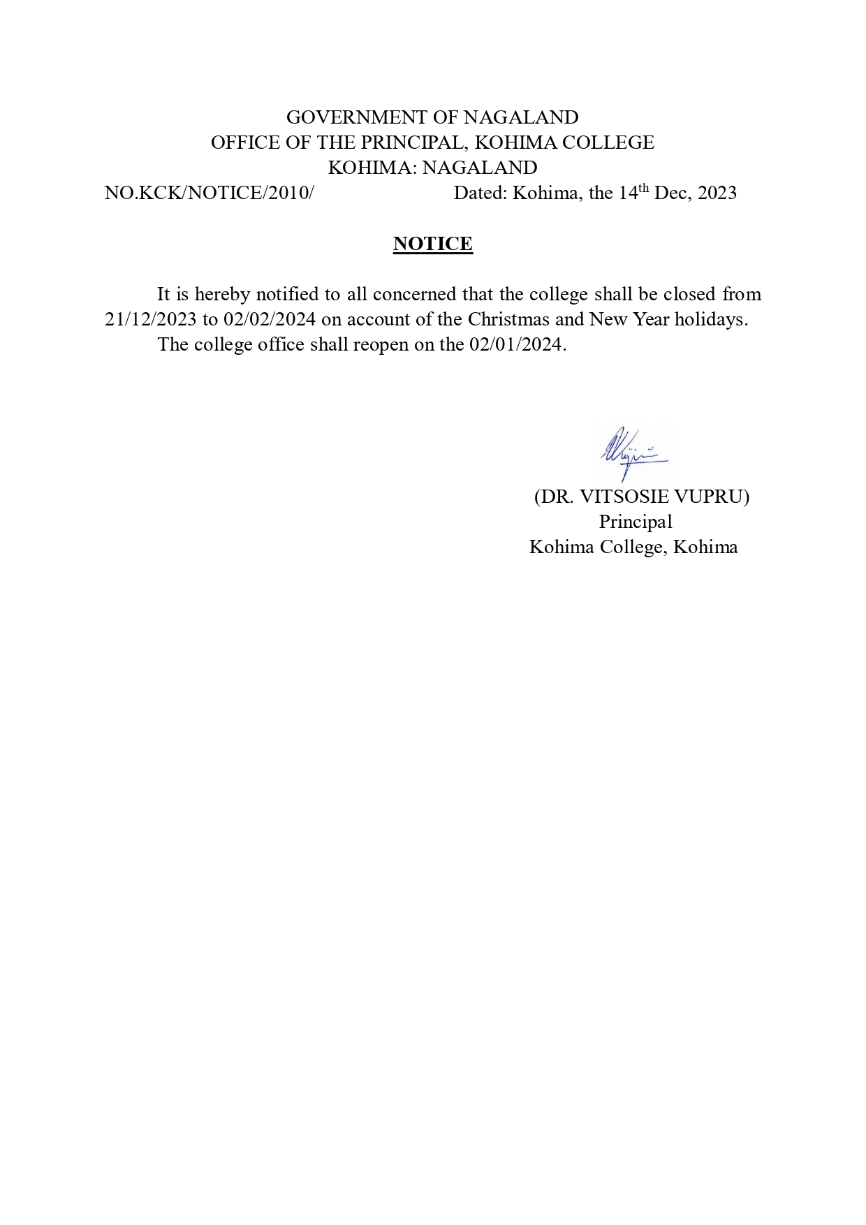 Holiday Notice Christmas & New Year - Kohima College